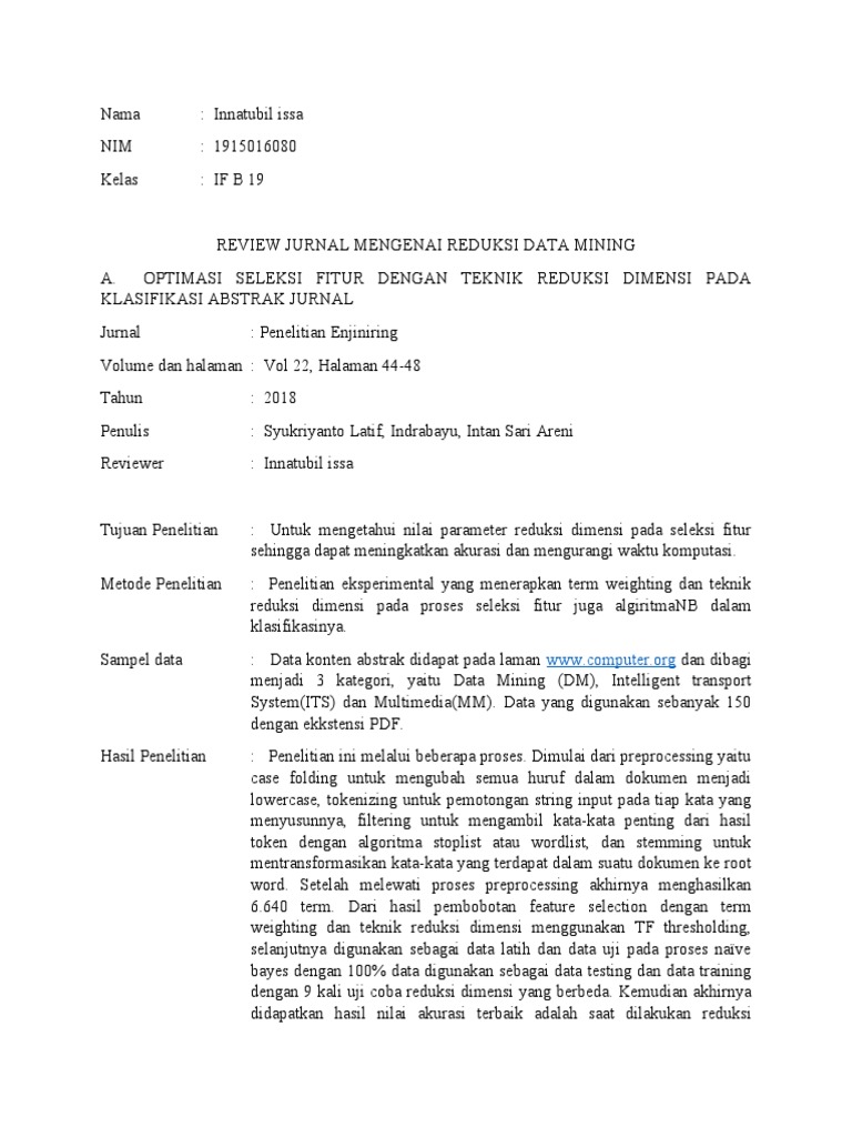 Review Jurnal Reduksi Data Mining Innatubil Issa | PDF