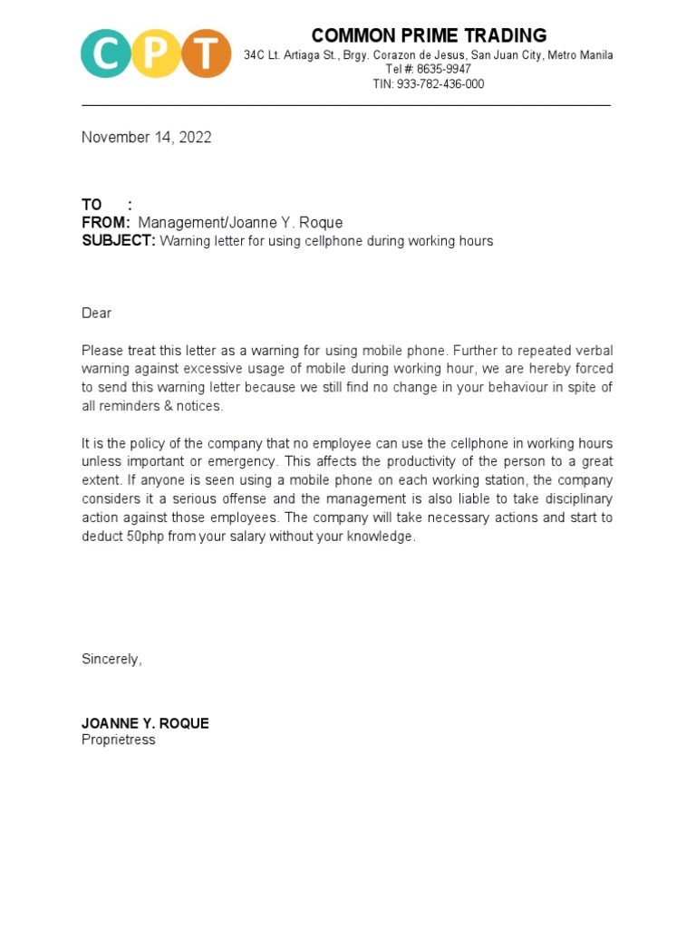 Warning Letter (Using Cellphone) | PDF
