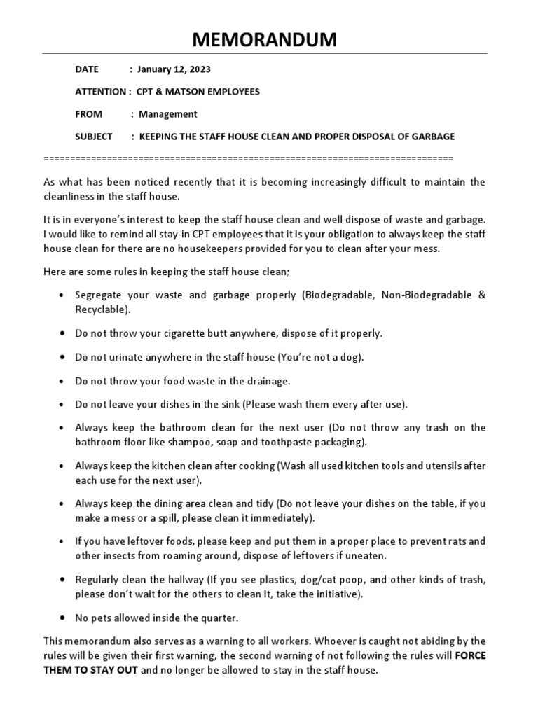 Staff House Cleanliness Guidelines | PDF | Human Impact On The ...