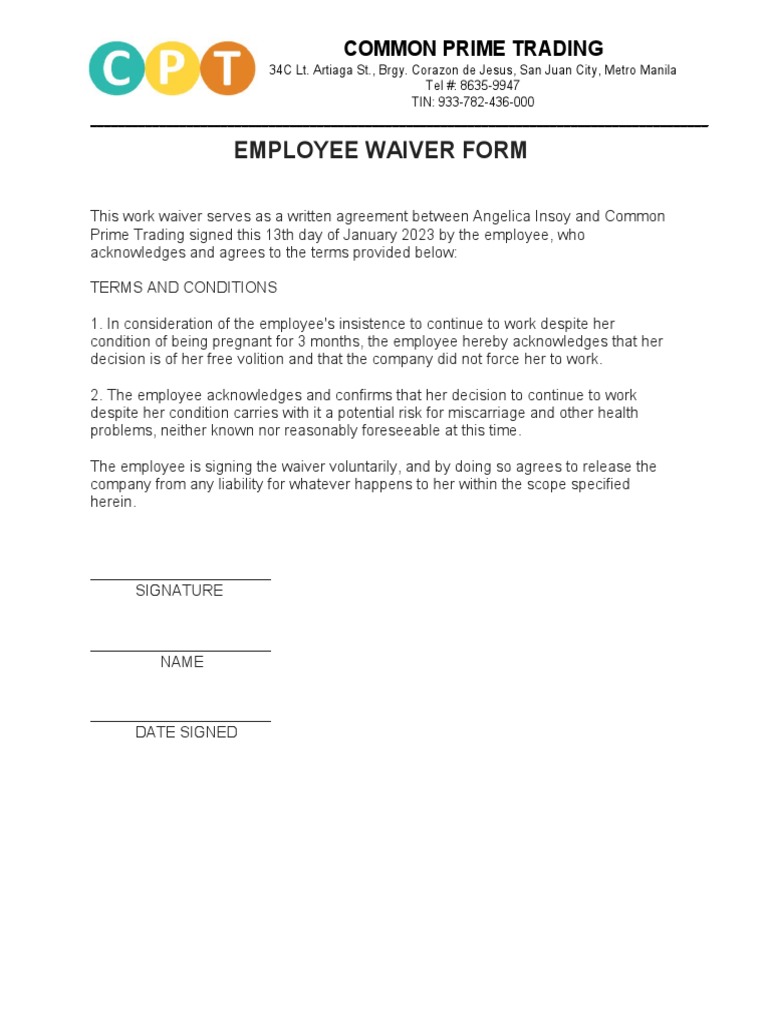 Employee Pregnancy Work Waiver Form | PDF