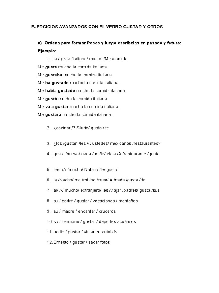 Ejercicios Avanzados Con El Verbo Gustar y Otros | PDF