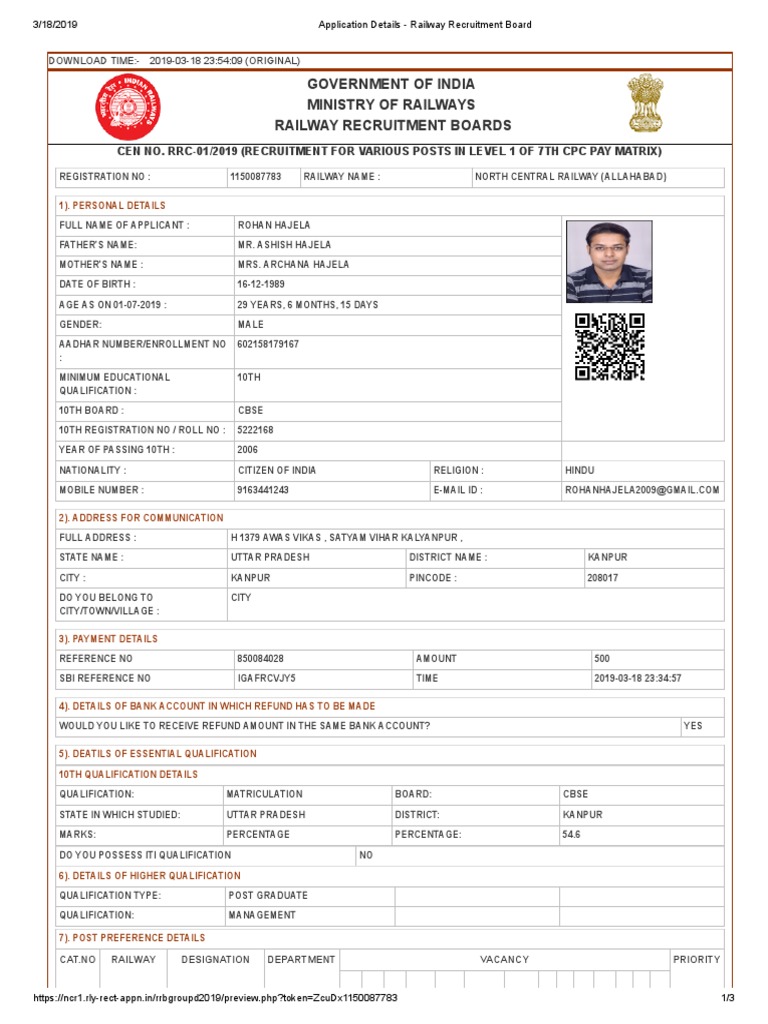 RRB Application Details for 2019 | PDF
