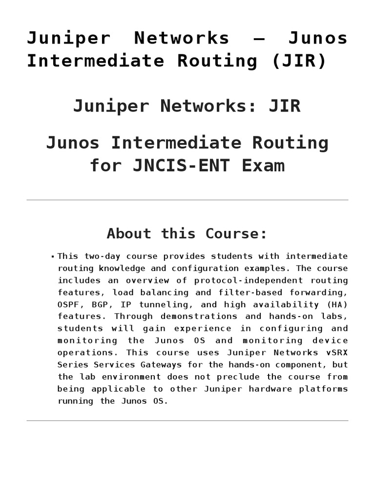 Configuring and Monitoring Intermediate Routing with Junos: Course Overview and Goals | PDF ...