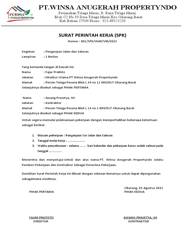 Surat Perintah Kerja (SPK) | PDF