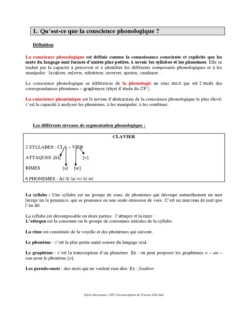 Importance de la conscience phonologique | PDF | Syllabe | Phonologie