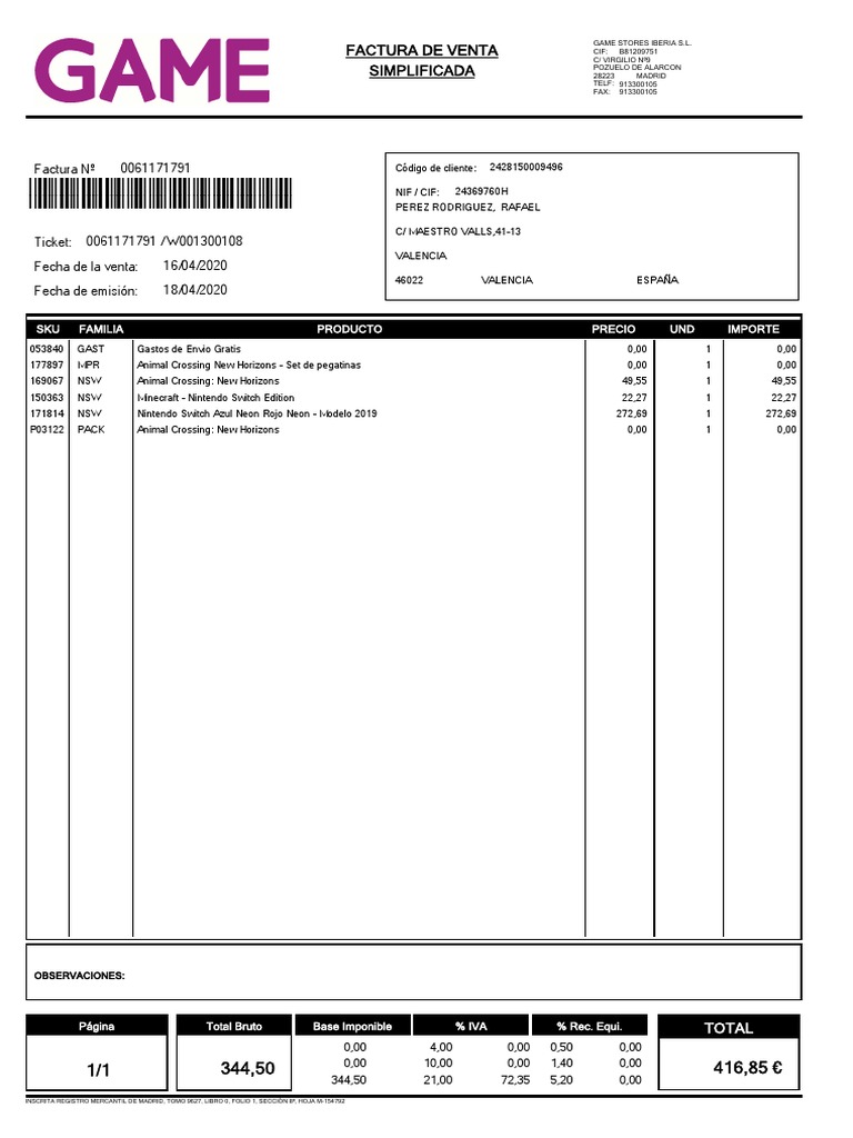Factura de Venta Simplificada | PDF | Empresas de videojuegos de Japón | Nintendo
