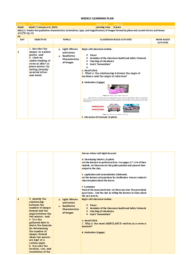 WLP Science 10 W7 | PDF | Mirror | Learning