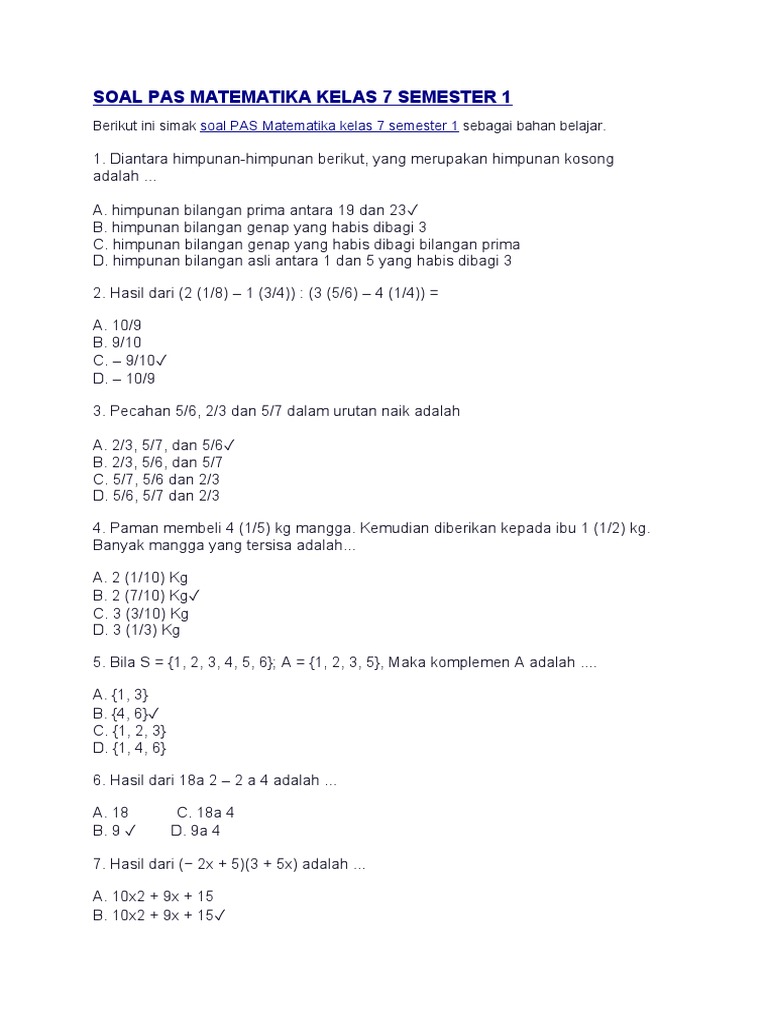 Soal Pas Matematika Kelas 7 Semester 1 | PDF