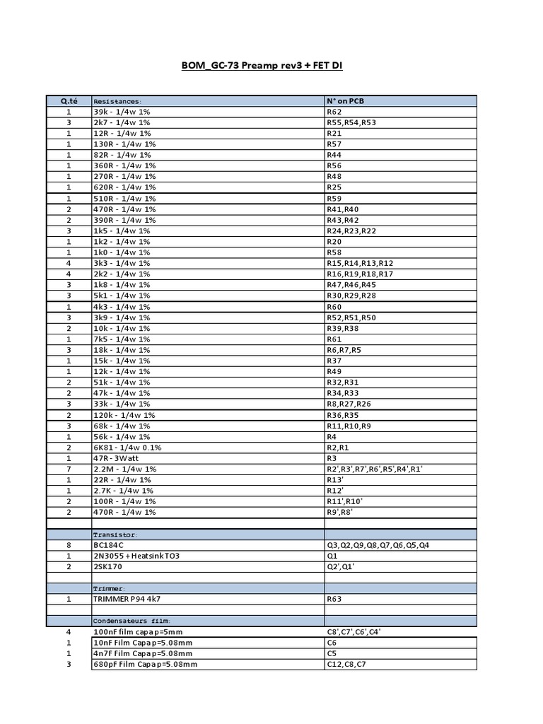 BOM GC-73 Preamp Rev3 | PDF