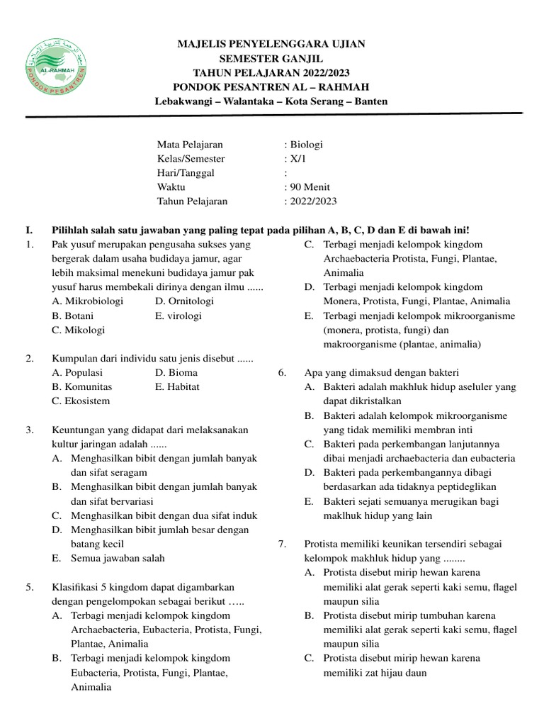 SOAL PAS BIO X 2223 Ganjil | PDF | Griya & Taman