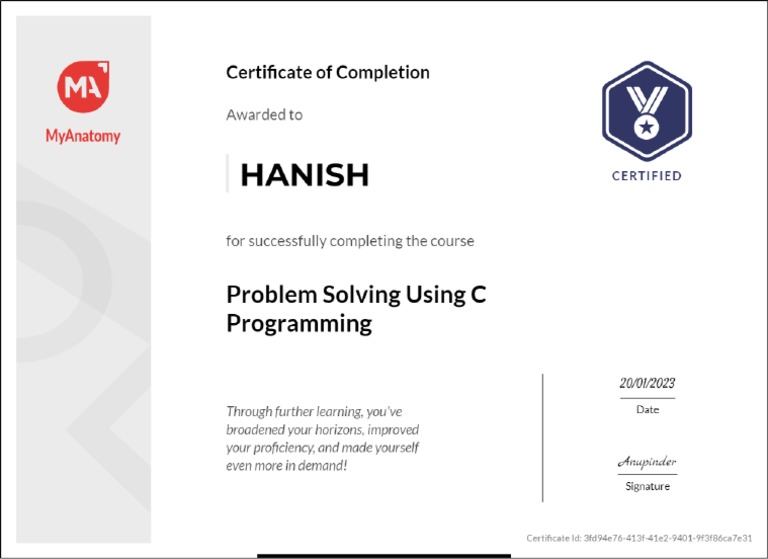 Problem Solving Using C Programming - Certificate | PDF
