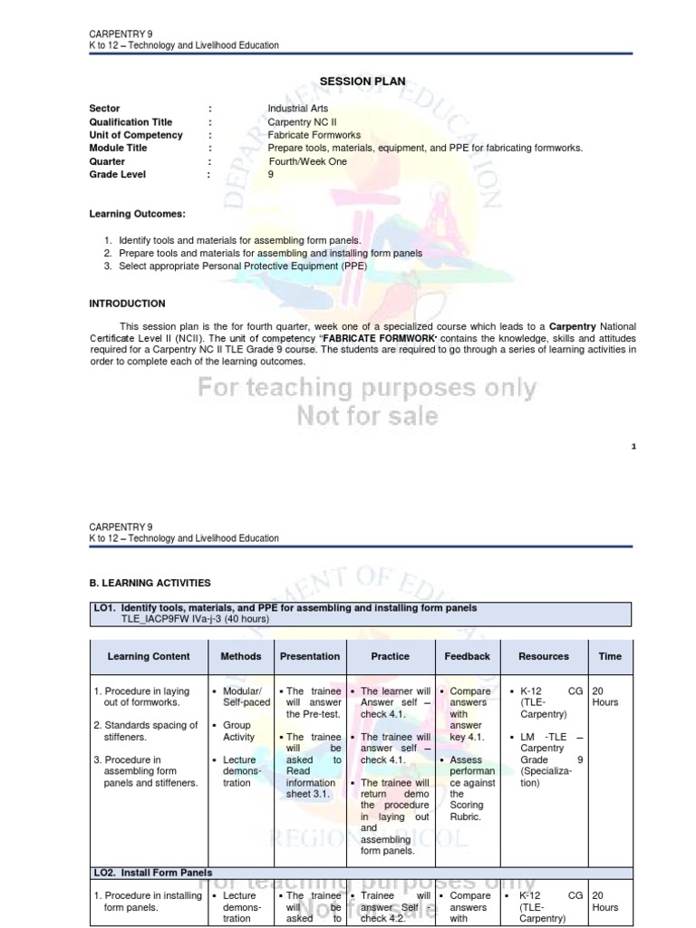 4th Quarter Session Plan Carpentry | PDF | Carpentry | Learning