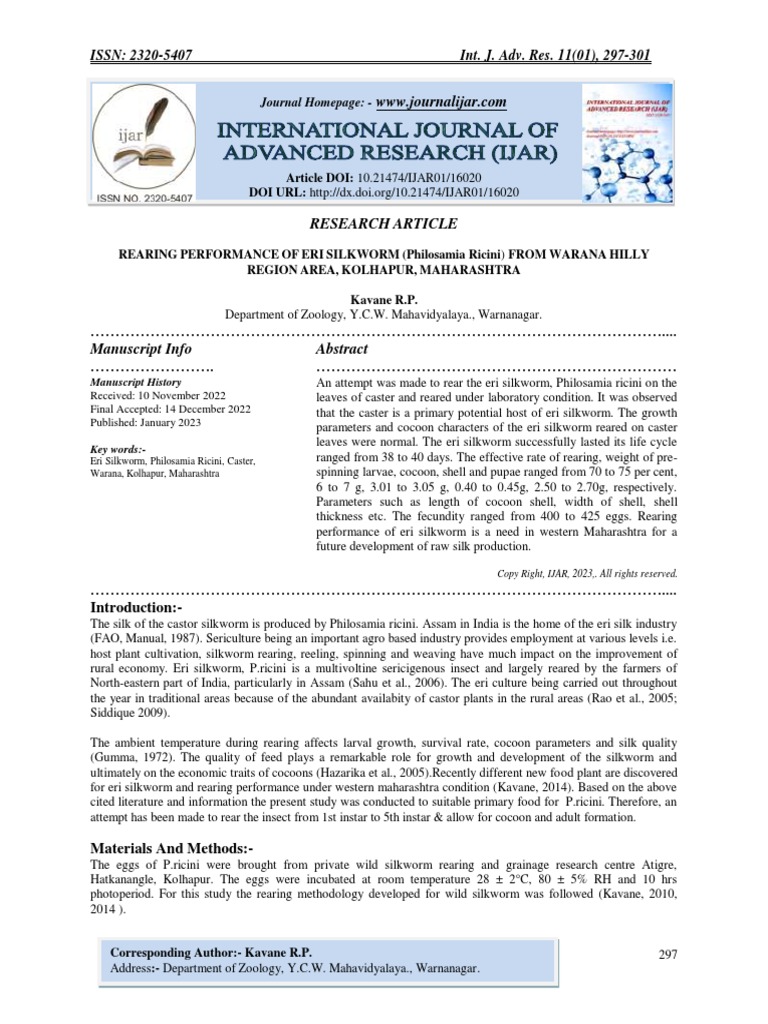 Rearing Performance of Eri Silkworm (Philosamia Ricini) From Warana ...