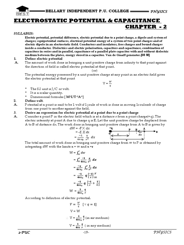 Electrostatic Potential & Capacitance Notes | PDF | Capacitance | Capacitor