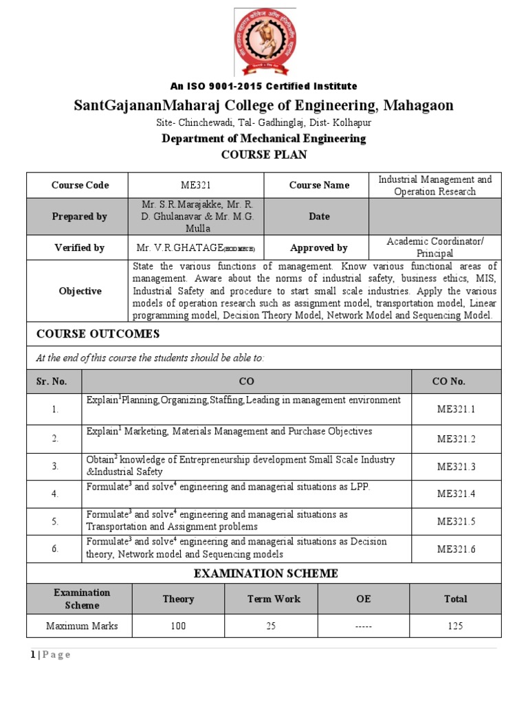 IMOR Course Plan | PDF