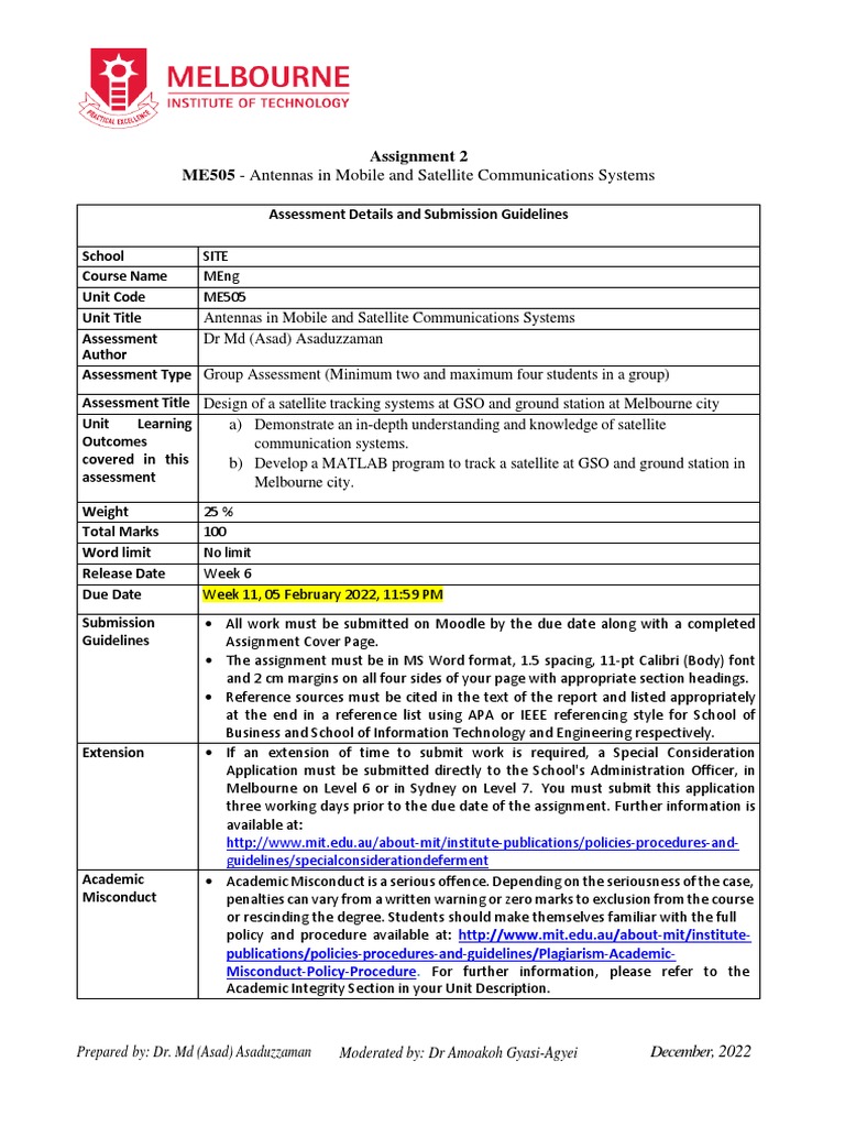 ME505 Assignment 2 T3 2022 | PDF | Satellite | Communications Satellite