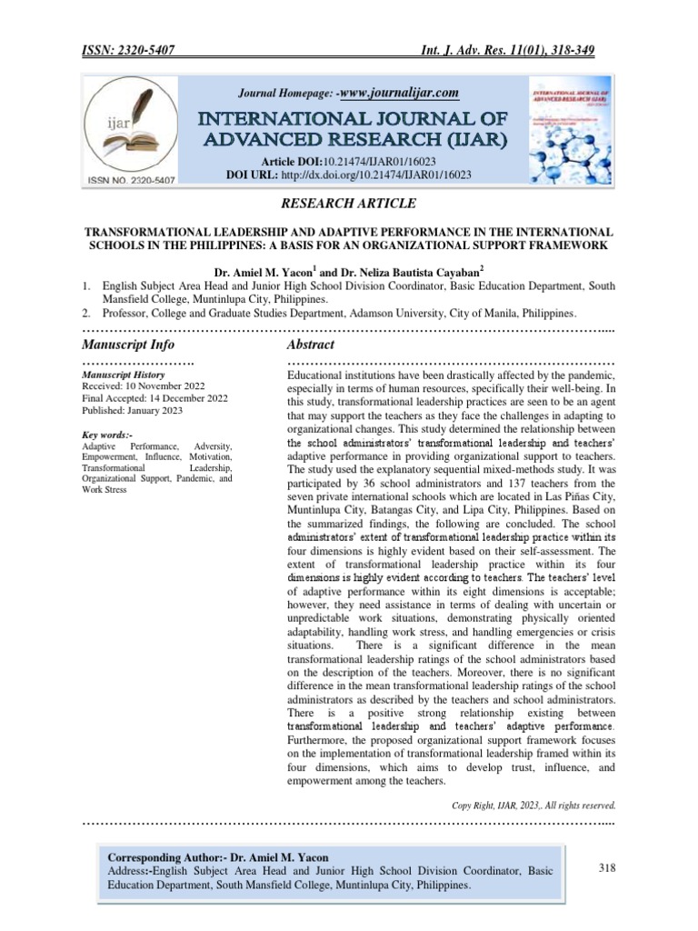 Transformational Leadership and Adaptive Performance in The International Schools in The ...