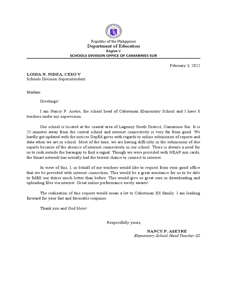 Letter Request For Internet Connectivity | PDF