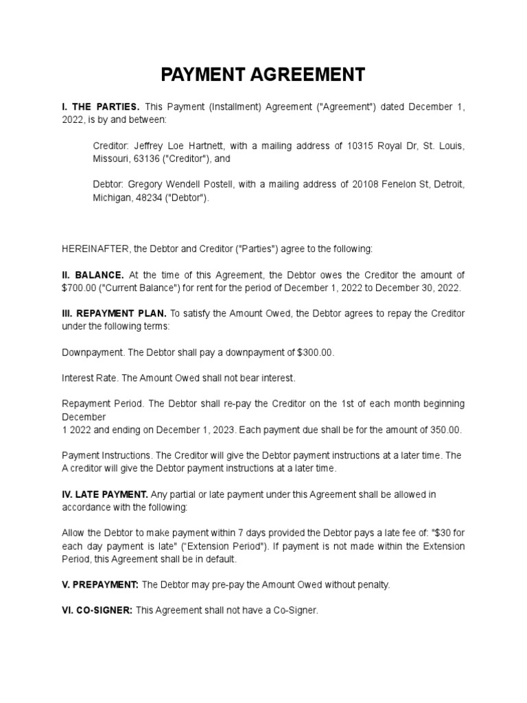 Payment Agreement | PDF | Debtor | Payments