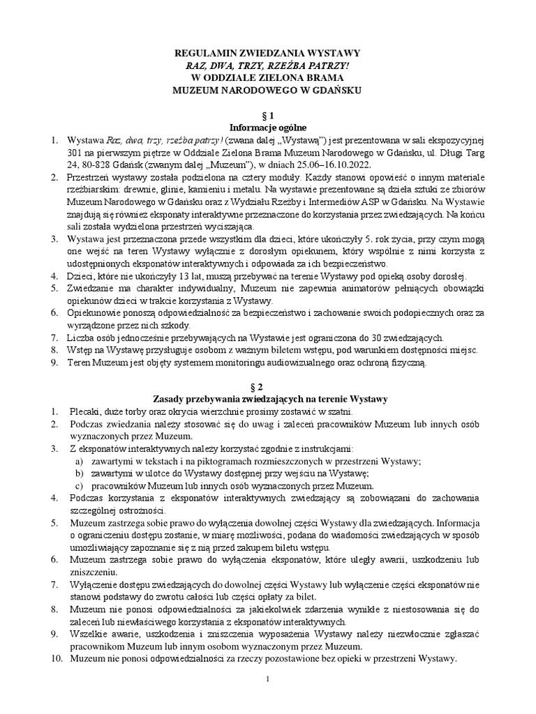 Regulamin Zwiedzania Wystawy 123 - PL | PDF