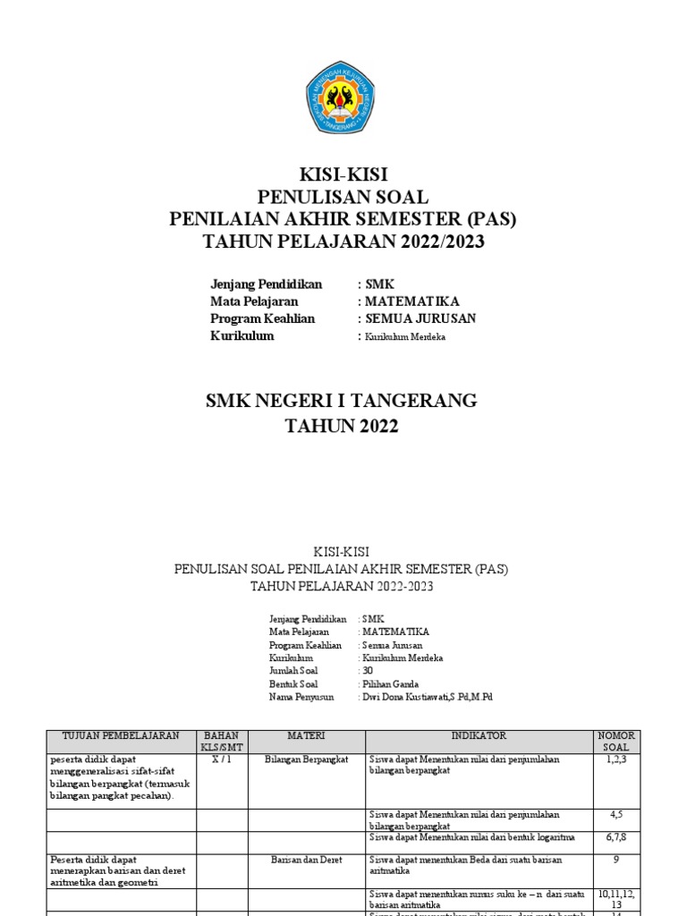 Kisi-Kisi Soal Matematika X PAS Ganjil Kurmer | PDF