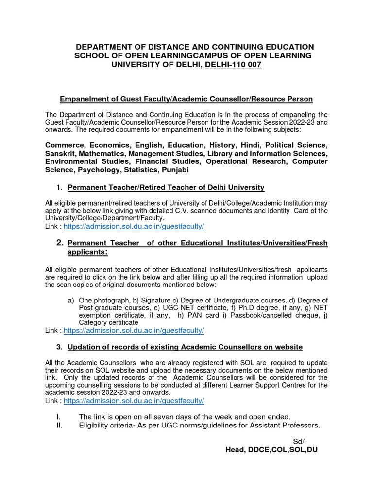 SoL - Advertisement For Guest Faculty Etc. | PDF | Academic Degree | Science