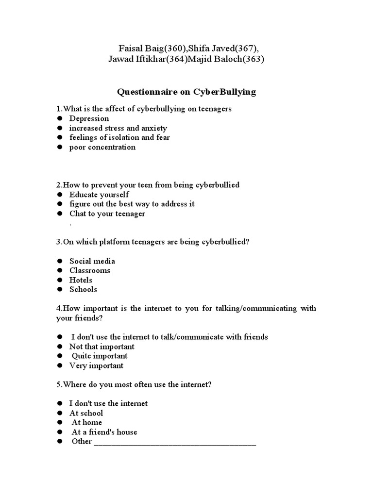 Cyberbullying Questionnaire for Teens | PDF | Cyberbullying | Computer ...