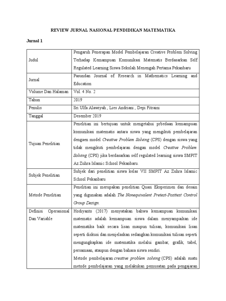 Review Jurnal Nasional Pendidikan Matematika | PDF