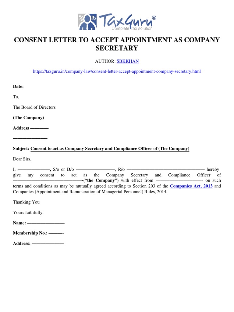 Consent Letter for Company Secretary Appointment | PDF | Finance ...