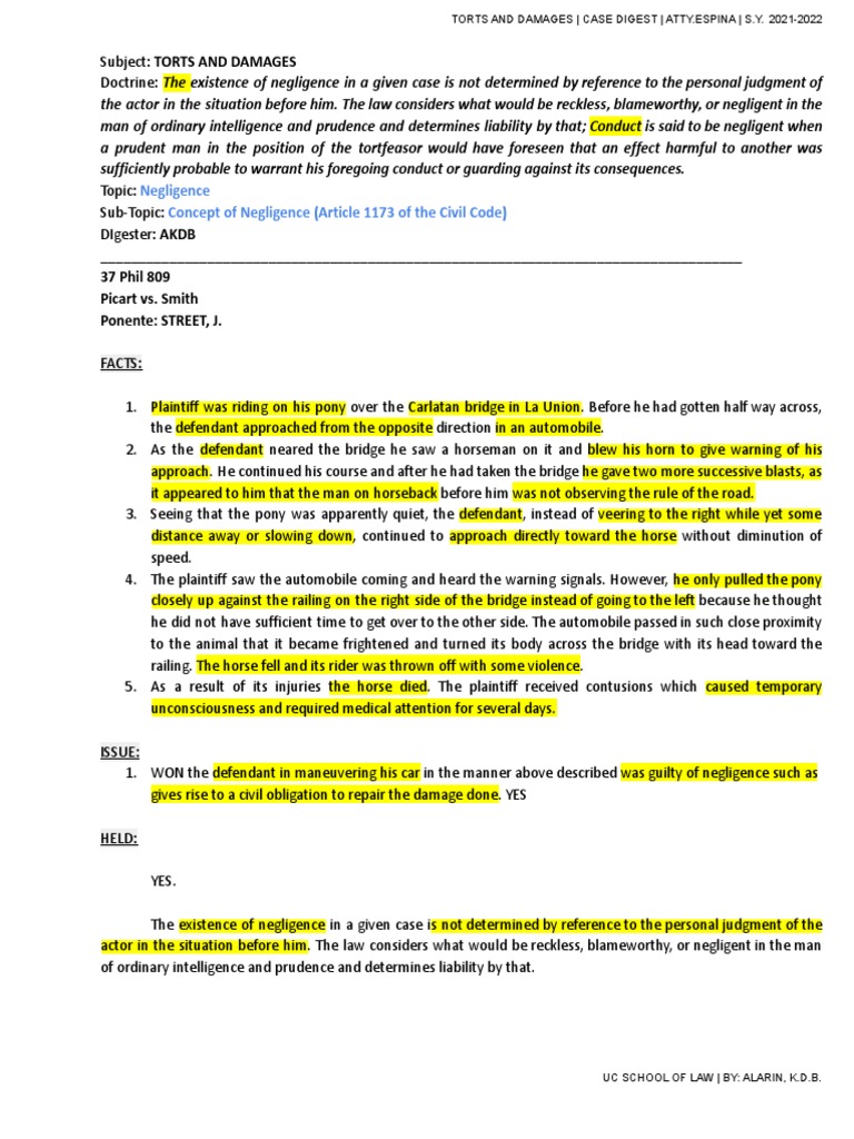 Negligence Case Digest: Picart vs. Smith | PDF | Negligence | Damages