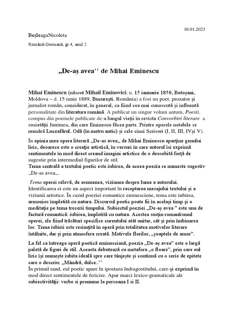 Interpretare Text de Mihai Eminescu | PDF