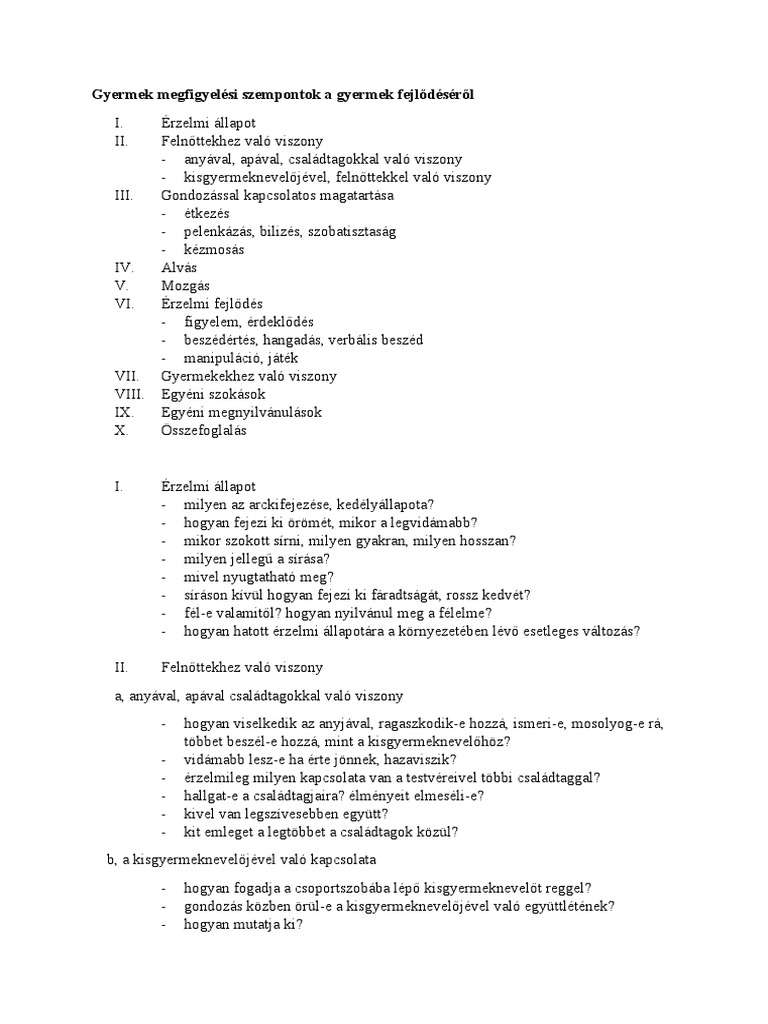 Gyermek Megfigyelési Szempontok A Gyermek Fejlődéséről | PDF