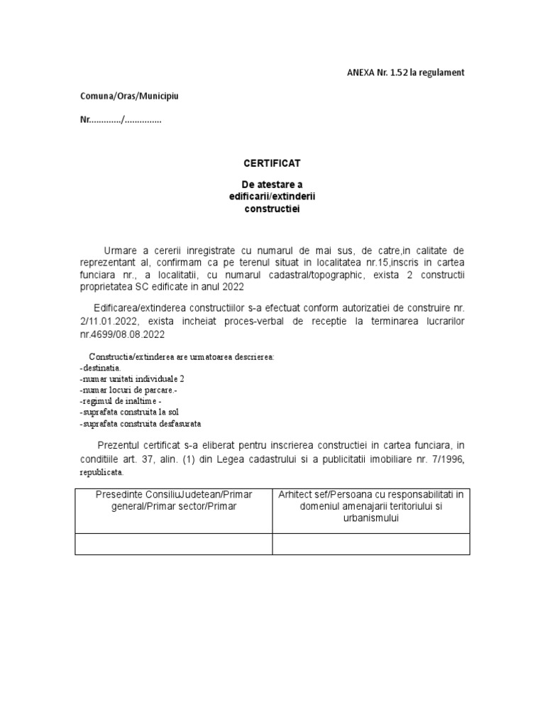 Certificat de Atestare A Edificarii Constructiei | PDF