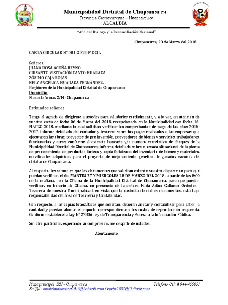Carta Circular #001-2018 Respondiendo A Los Regidores para Que ...