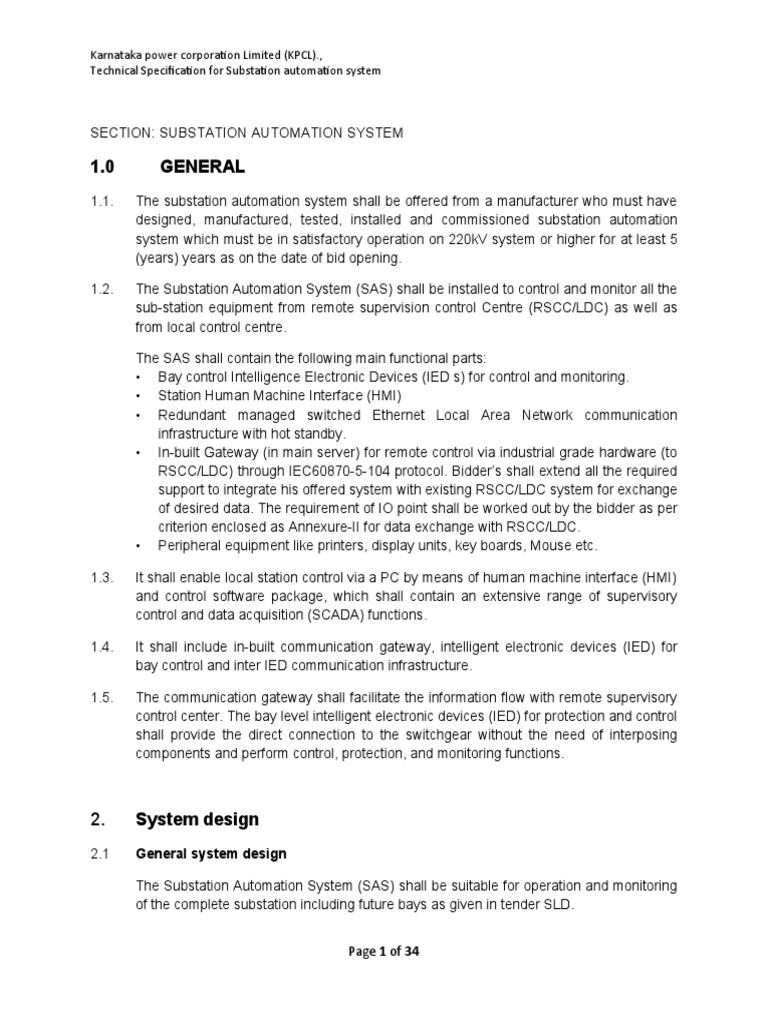 SAS Specification For KPCL | Download Free PDF | Electrical Substation ...