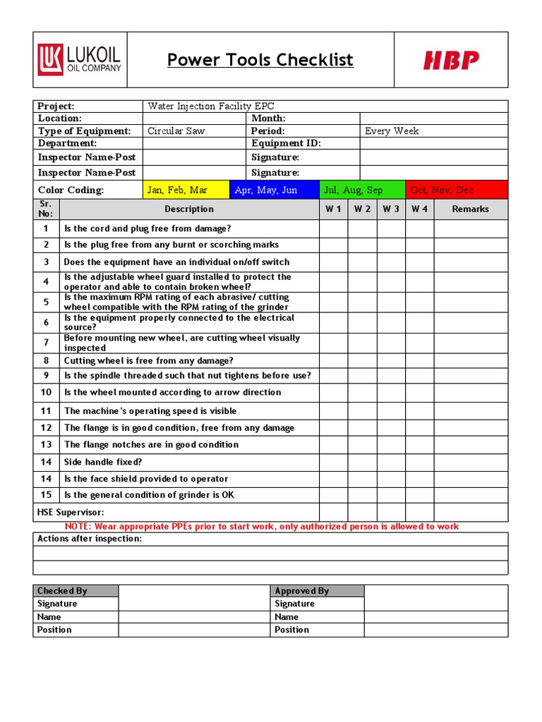 Weekly Power Tools Inspection Checklist | PDF