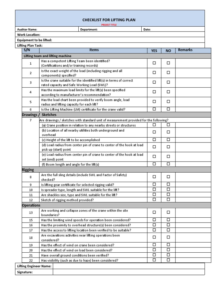 Lifting - Plan-Checklist For Audit | PDF | Crane (Machine) | Manufactured Goods