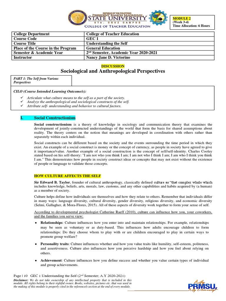 Module 2 Week003 To Week004 Pdf Social Constructionism Self Concept 
