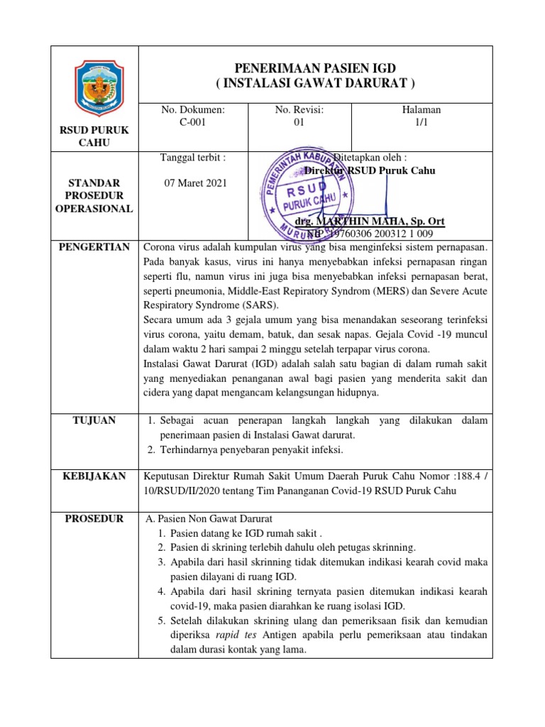 SPO Revisi Penerimaan Pasien 2021 | PDF