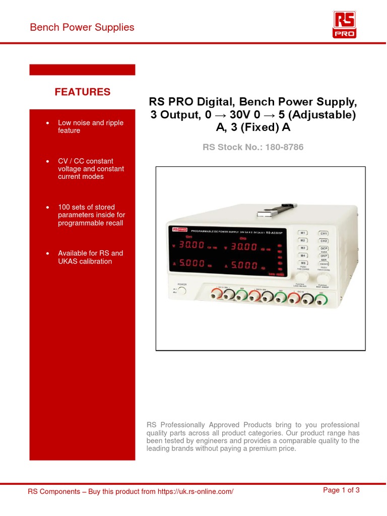 RS PRO Digital, Bench Power Supply, 3 Output, 0 30V 0 5 (Adjustable) A, 3 (Fixed) A | PDF ...
