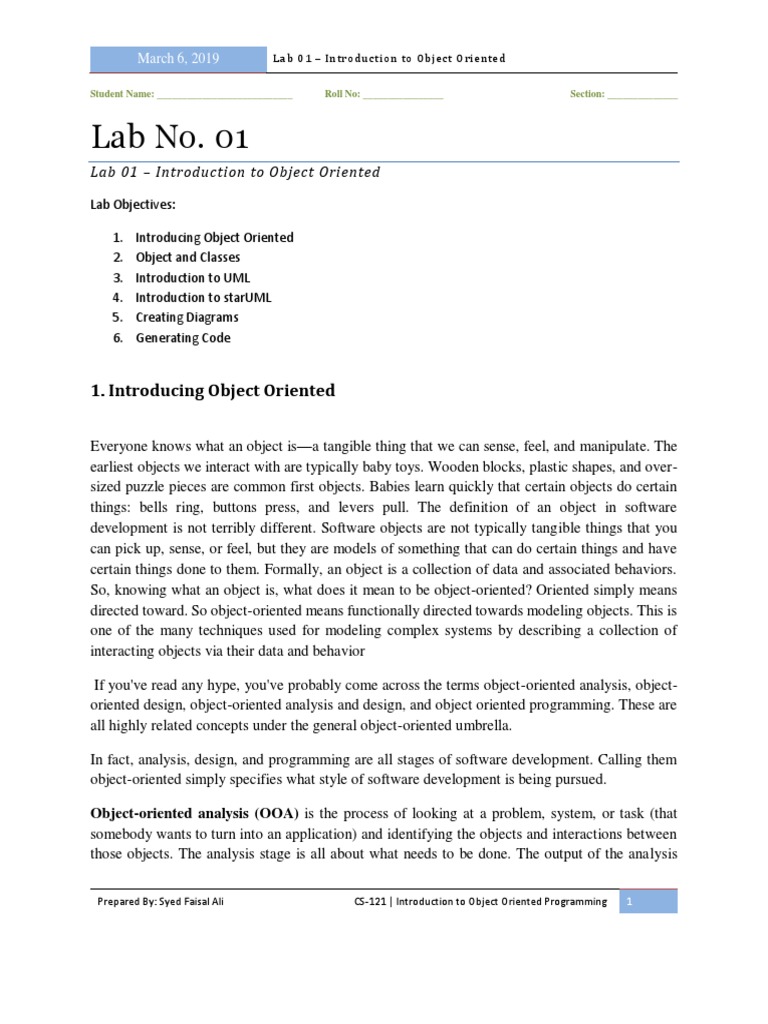 Object Oriented Programming Lab 1 Pdf Class Computer Programming Object Computer Science 3910