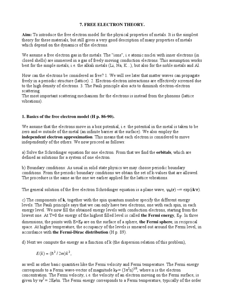 Free Electron Theory in Metals Explained | PDF