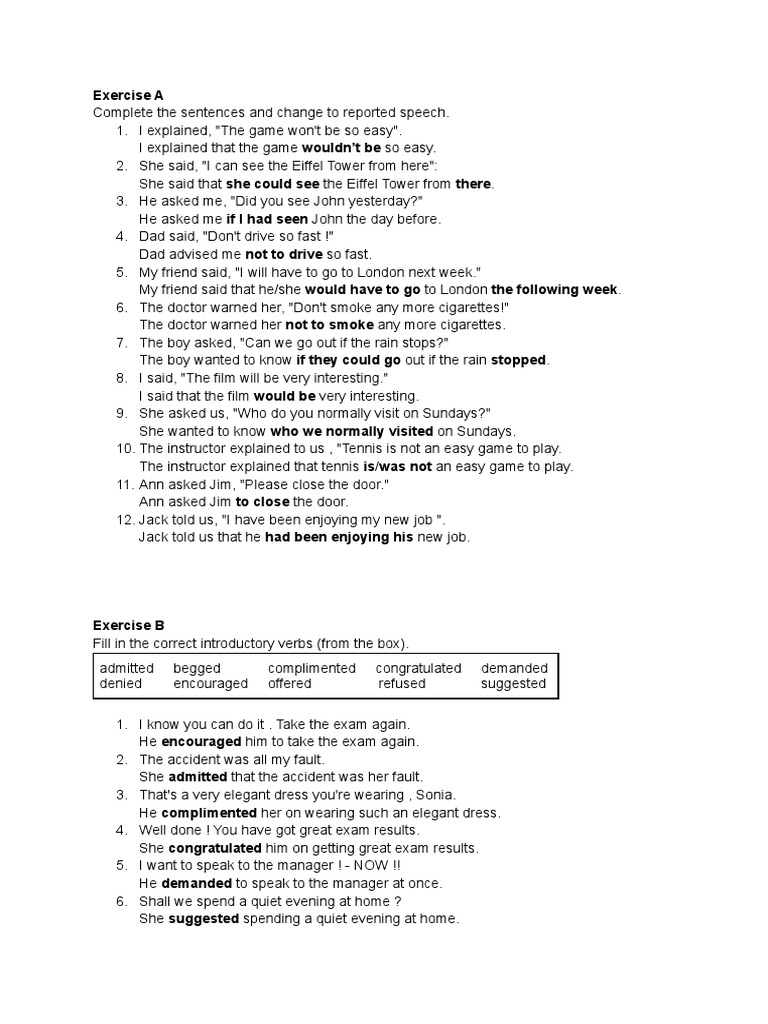 Answers - Homework - Reported Speech | PDF