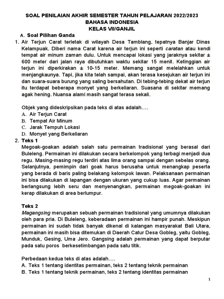 Soal Penilaian Akhir Semester Tahun Pelajaran 2022 (Ganjil) | PDF