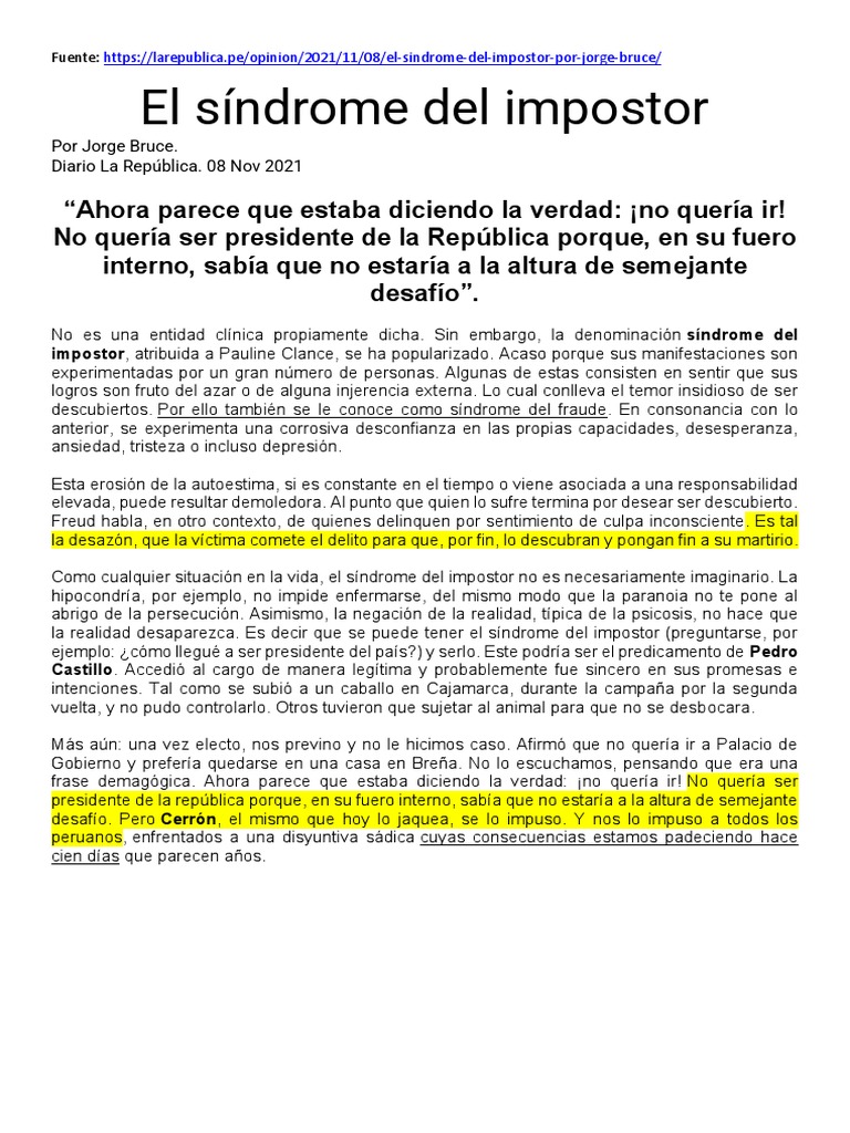 J Bruce - El Sindrome Del Impostor | PDF | Sicología