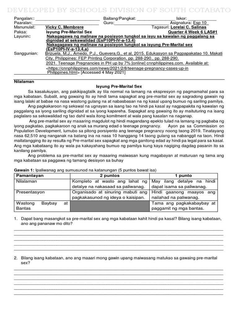 Esp 10 Quarter 4 Week 6 Las 1 | PDF