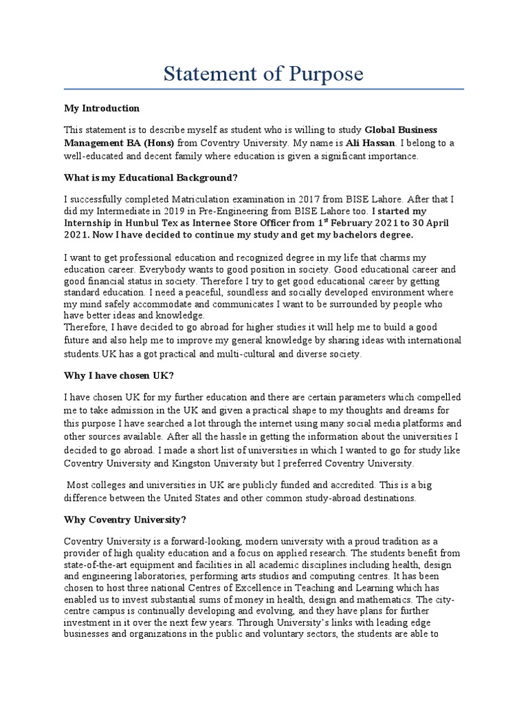 Ali Hassan Coventry Uni SOP For BA (Hons) Global Business Management ...