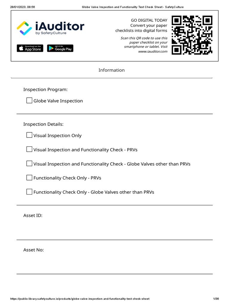 Globe Valve Inspection and Functionality Test Check Sheet ...