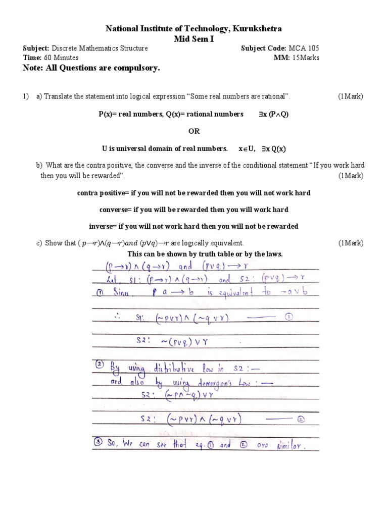 DM Mid Sem 1 Solution | Download Free PDF | Applied Mathematics | Mathematical Analysis