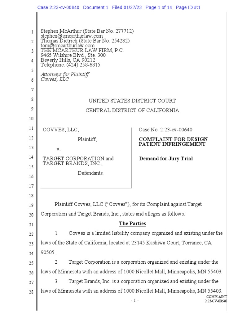 Covves v. Target - Complaint | PDF | Patent Infringement | Patent